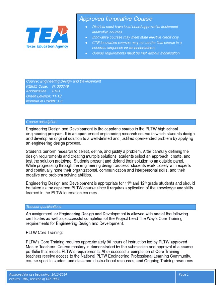 Approved Innovative Course: TBD, Revision of CTE TEKS | PDF ...