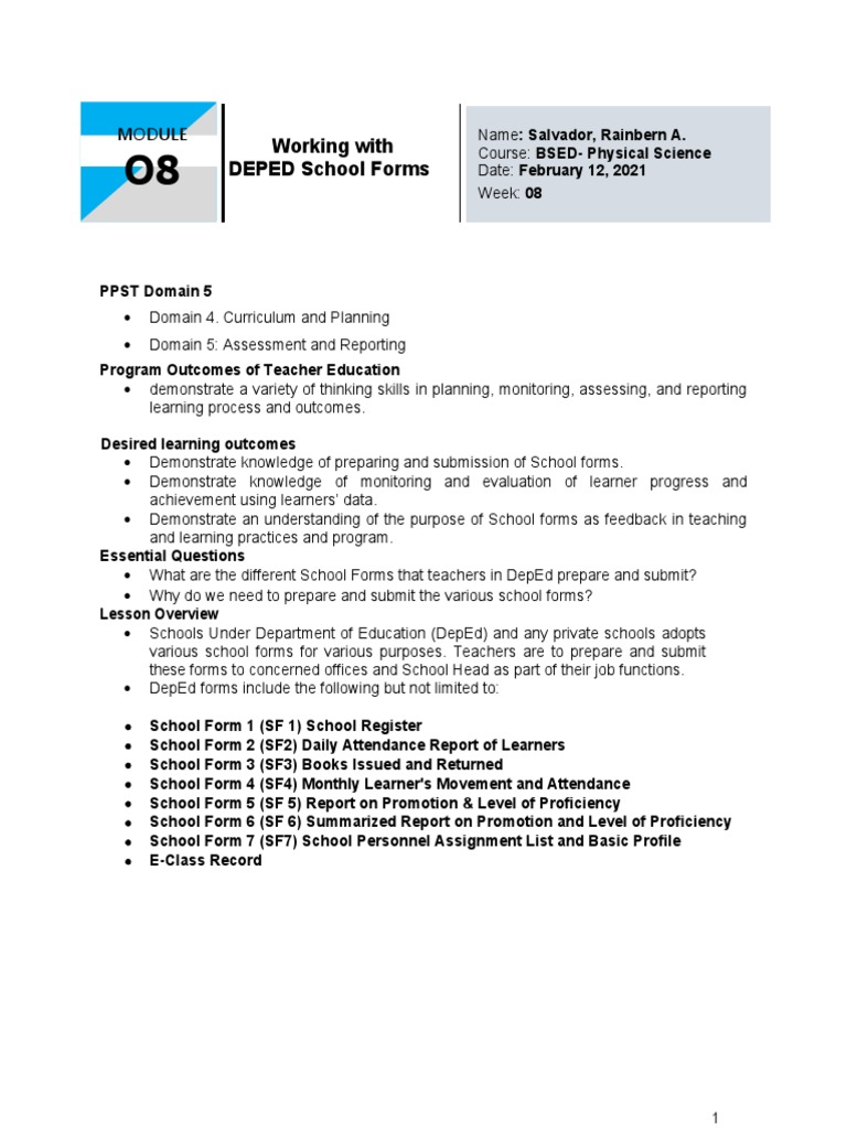 DEPED School Forms: Working With | Download Free PDF | Teachers ...