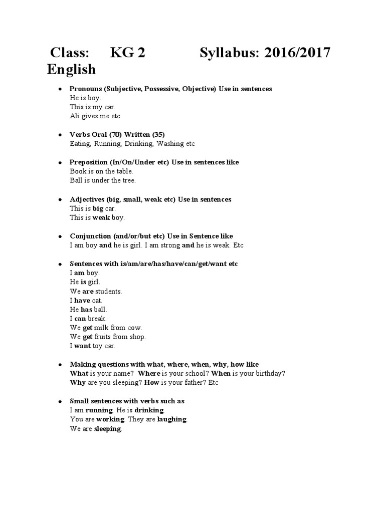KG 2 Annual Syllabus | PDF | Verb | Sentence (Linguistics)