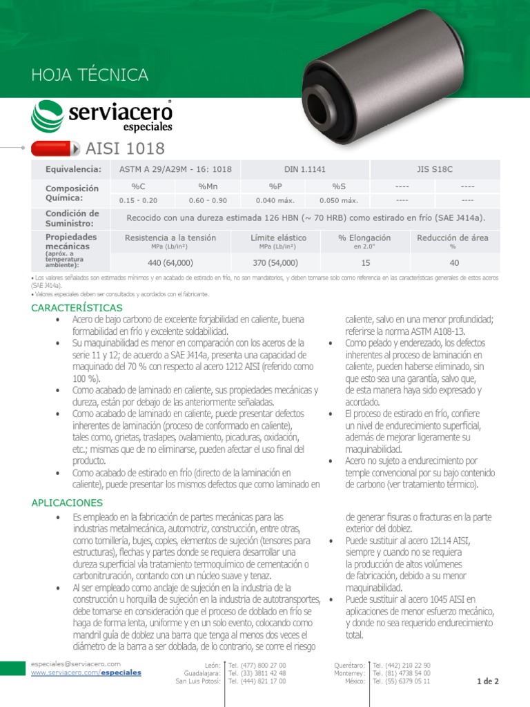 Ficha Técnica del Acero AISI 1018 | PDF | Acero | Tratamiento a base de ...