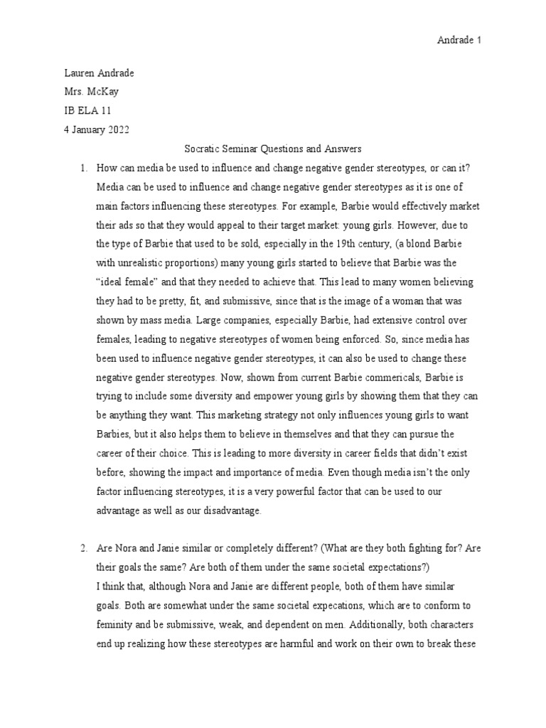 Socratic Seminar Questions and Answers - Ib Ela - Lauren Andrade | PDF ...