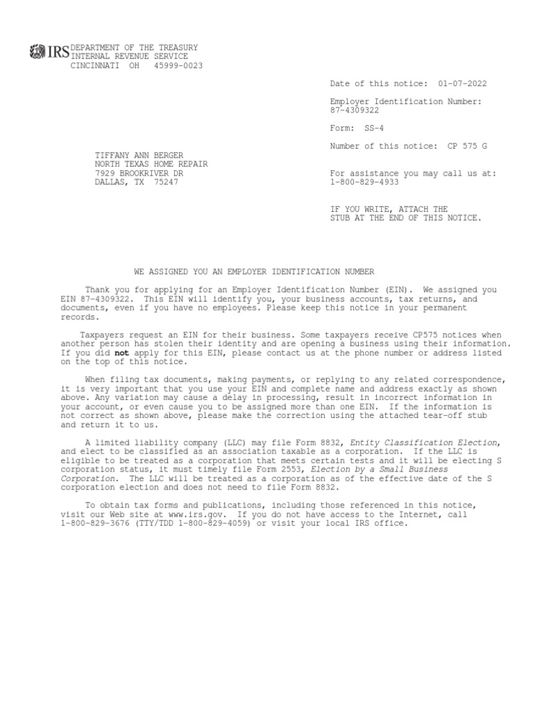Notice of Employer Identification Number (EIN) Assignment for North ...