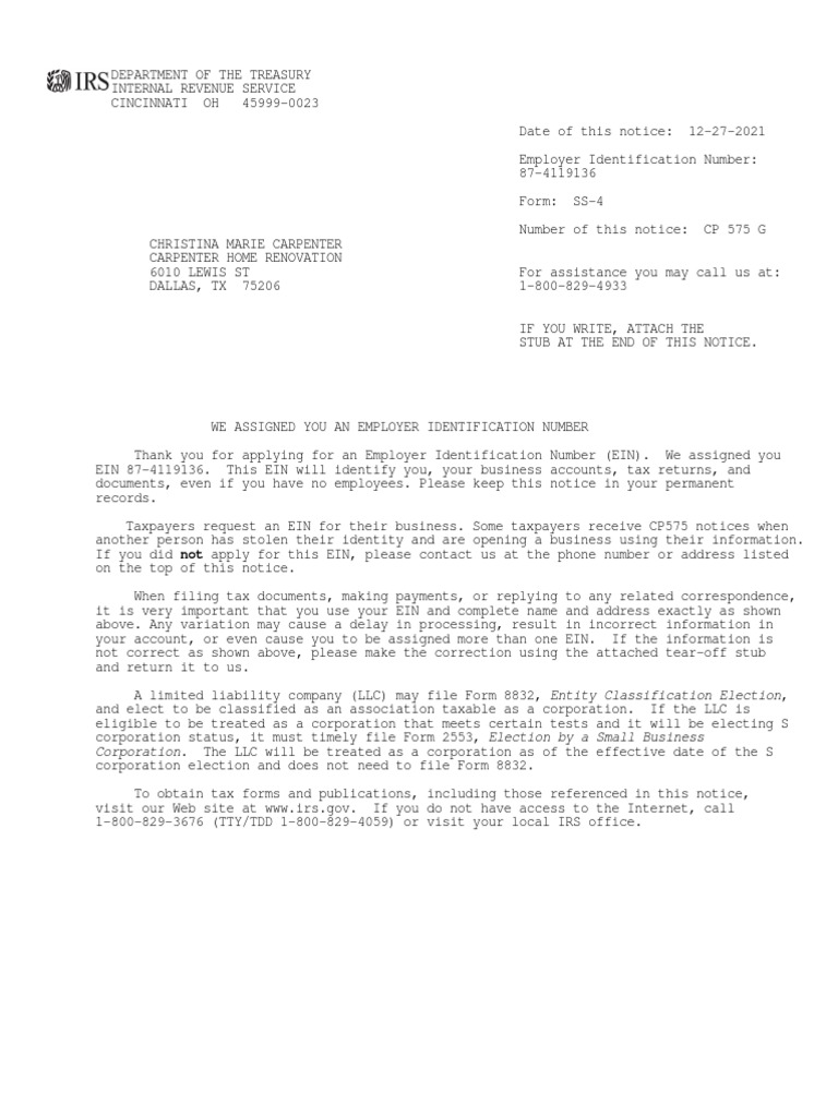 IRS EIN Assignment Notice CP 575 G | PDF | Irs Tax Forms | Government ...