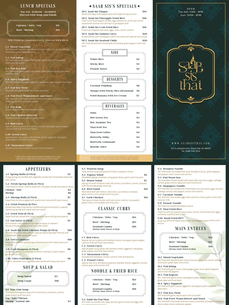 Saab Sis Thai Menu | PDF | Thai Cuisine | Curry