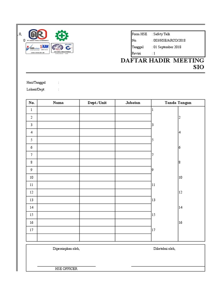 03) Form - HSE 003 - DAFTAR HADIR MEETING | PDF