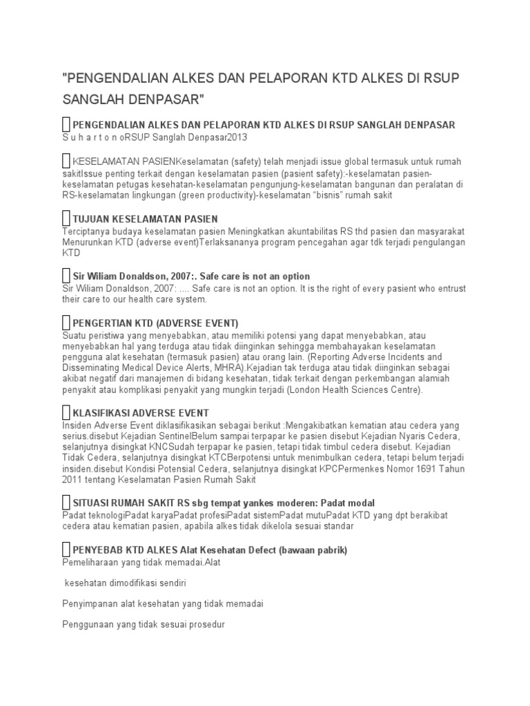 Pengendalian Alkes Dan Pelaporan KTD Alkes Di Rsup Sanglah Denpasar | PDF | Sains & Matematika