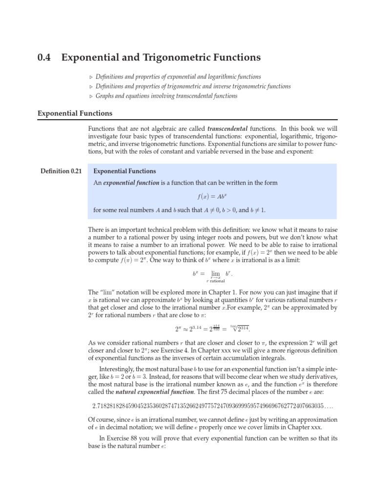 0.4 Exponential and Trigonometric Functions | PDF | Trigonometric ...