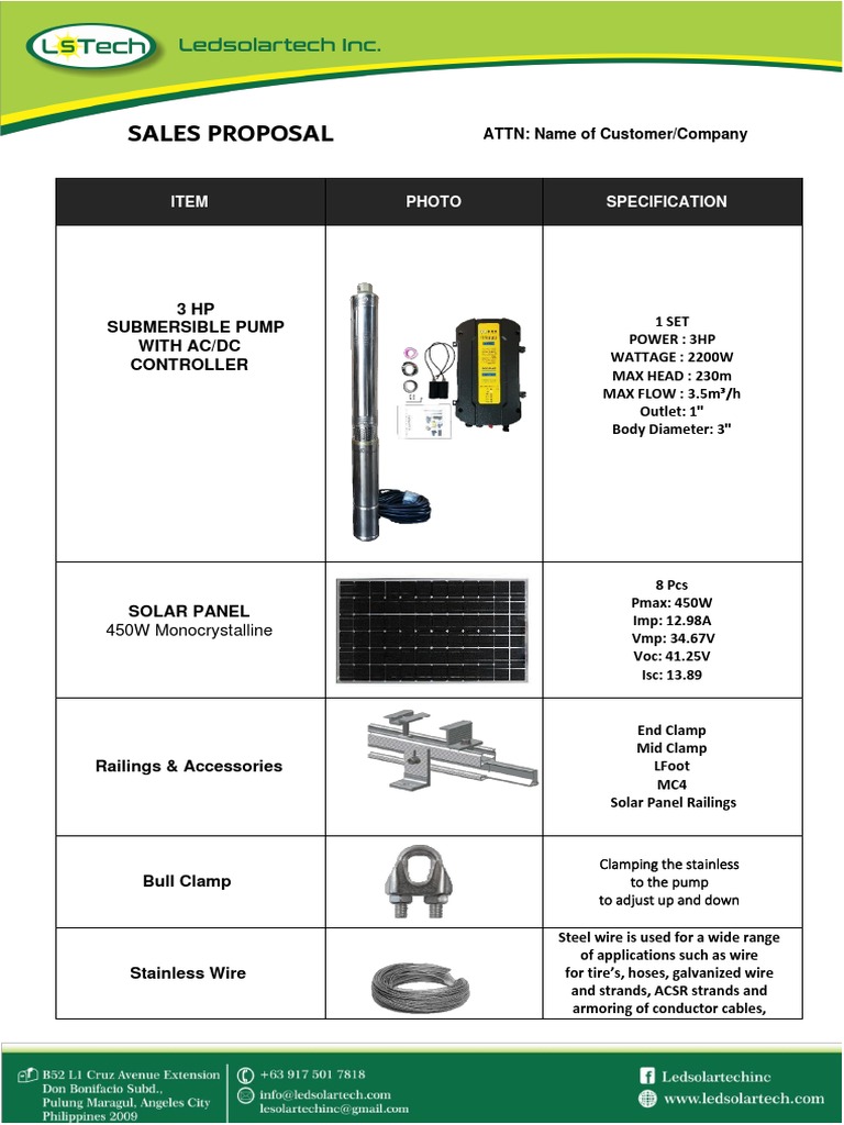 3 HP Solar Submersible Pump Proposal | PDF | Solar Panel | Wire