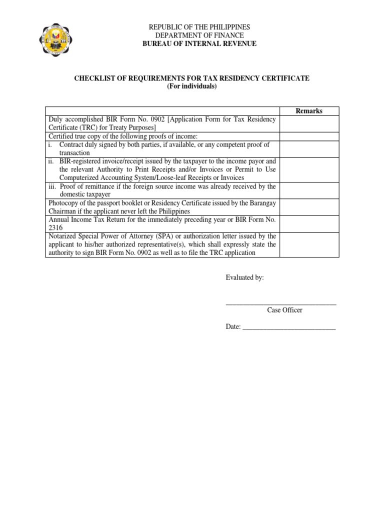 Tax Residency Certificate Requirements | PDF