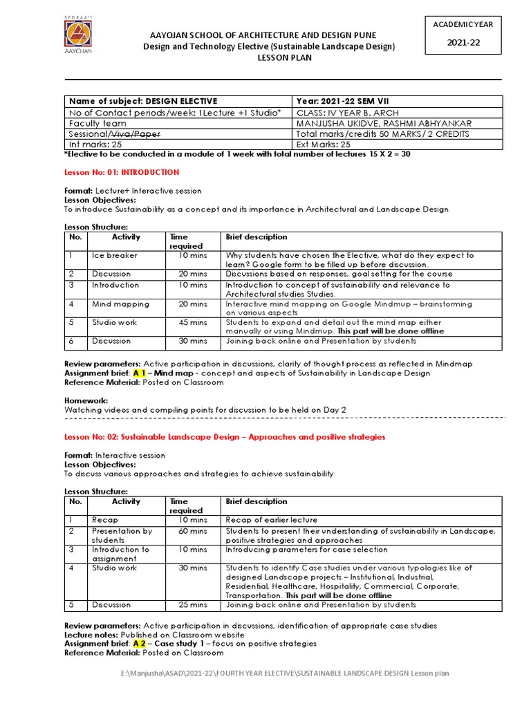 ELECTIVE (Sustainable Landscape Design) - Lesson Plan - 2021 - 22 - MU ...