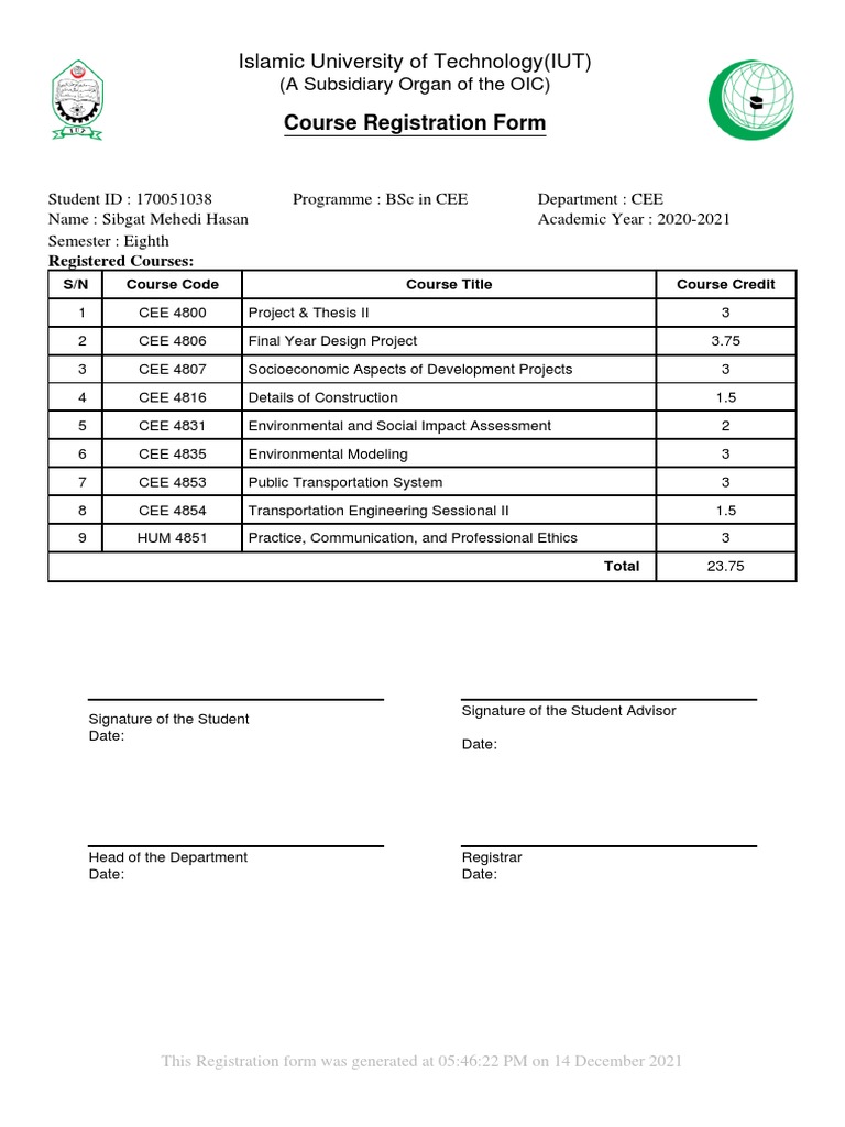 Course Registration Form: Islamic University of Technology (IUT) | PDF ...
