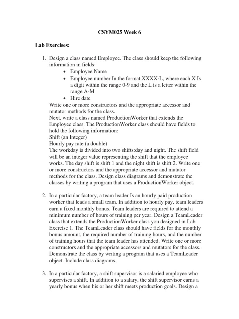 Csym025 Week 6 Lab Exercises Pdf Method Computer Programming Class Computer Programming