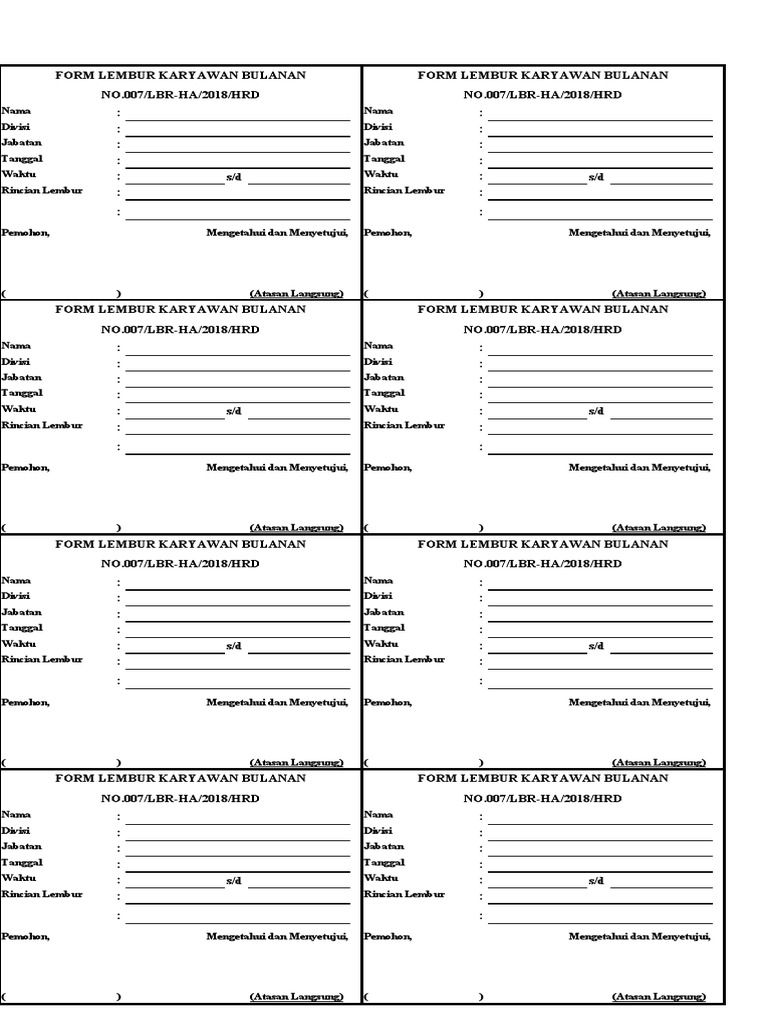 Form Lembur Karyawan Bulanan HRD | PDF