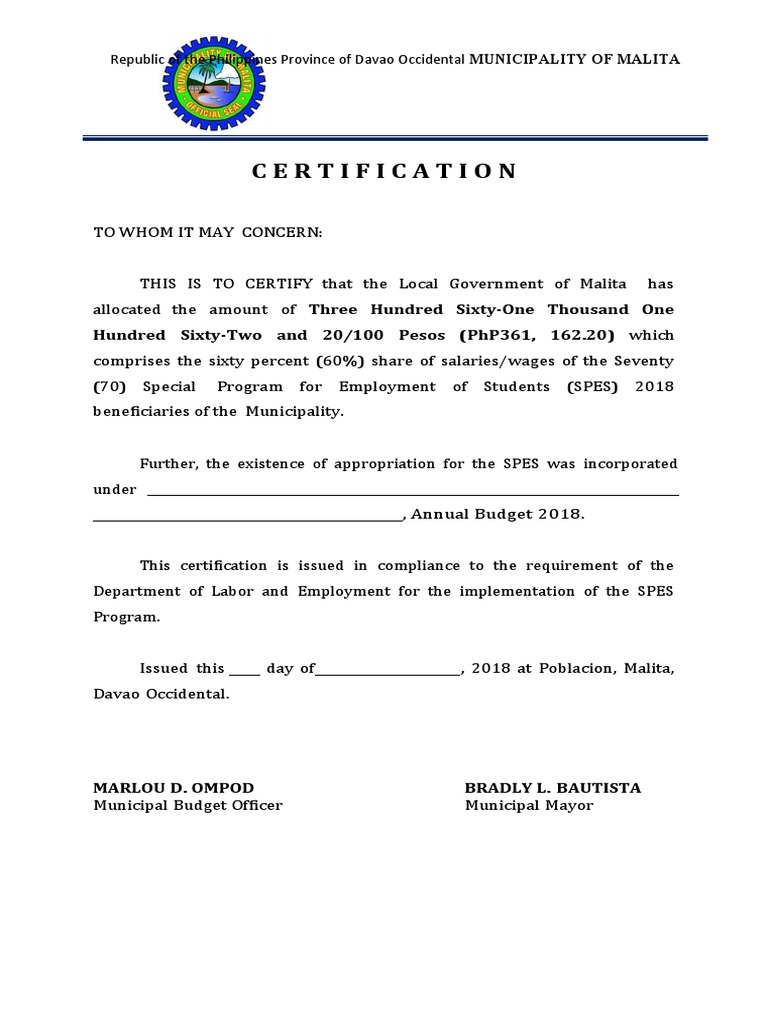 SPES Budget Allocation Certification | PDF | Social Science