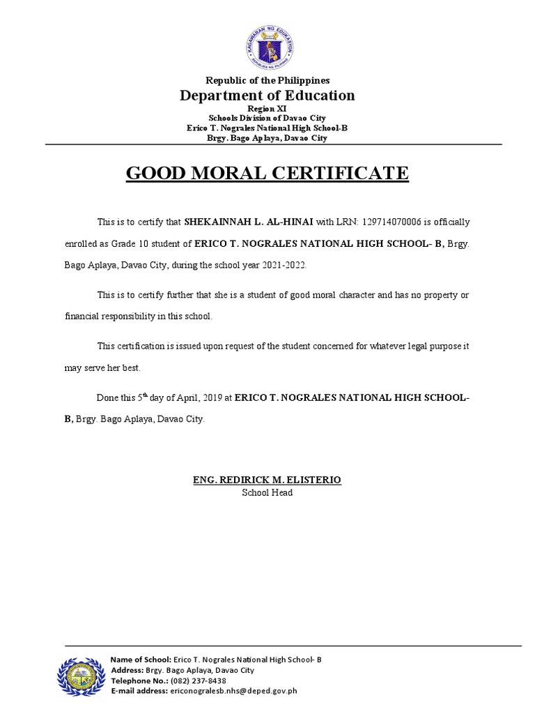 Certificate of Good Moral Character for Shekainnah L. Al-Hinai of Erico ...