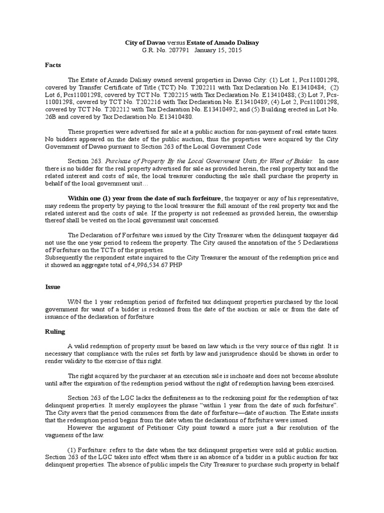 Davao City vs. Dalisay Estate: Tax Forfeiture Ruling | PDF | Auction ...