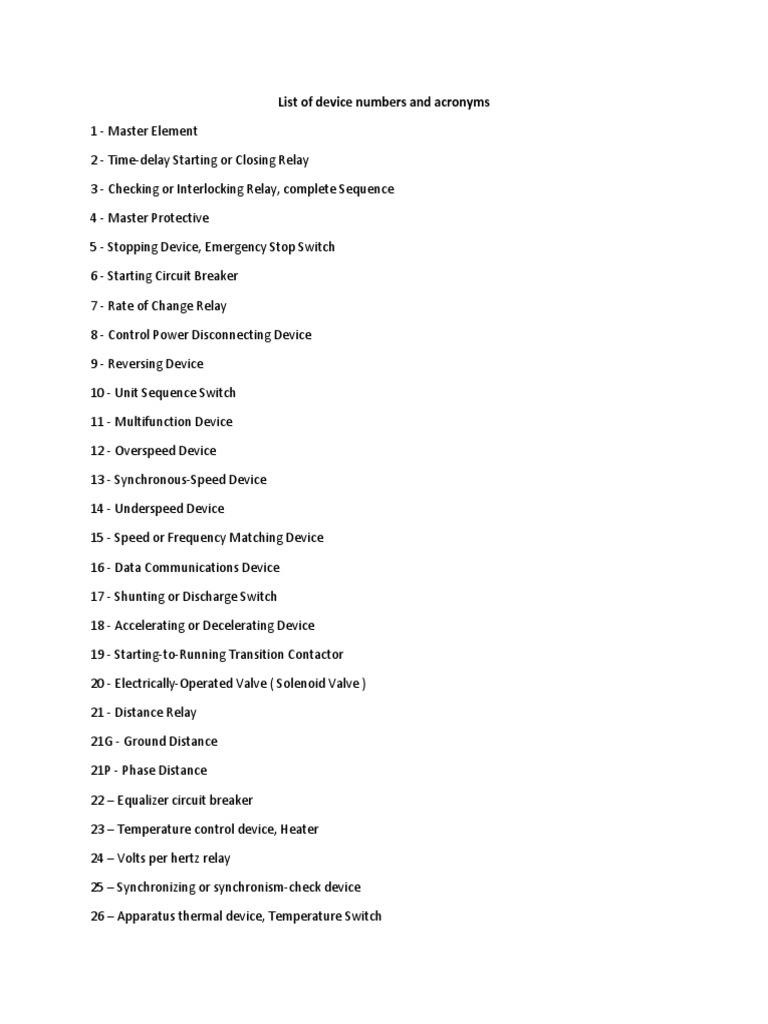 ANSI Device Number List | PDF | Relay | Alternating Current