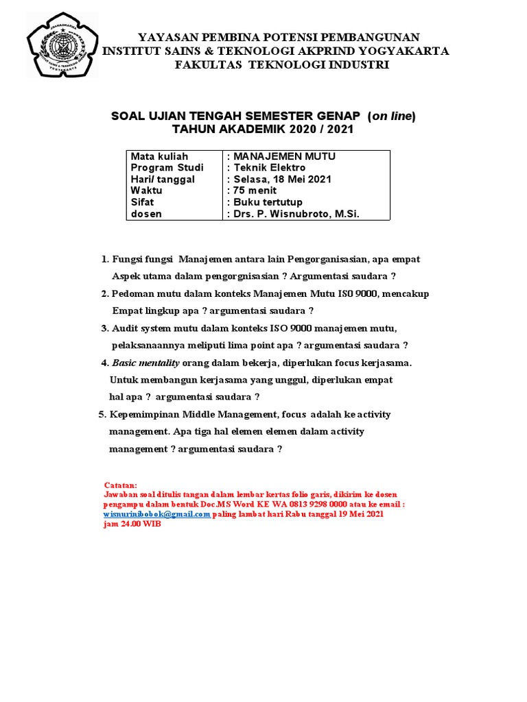 SOAL UTS MANAJEMEN MUTU S1 Eletro | PDF