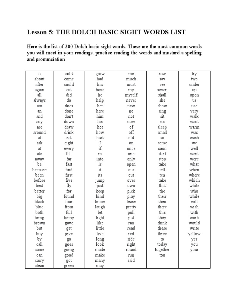Lesson 5: The Dolch Basic Sight Words List | PDF