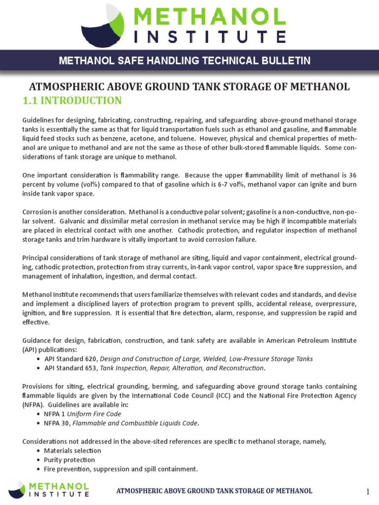 Atmospheric Above Ground Tank Storage of Methanol: Methanol Safe ...