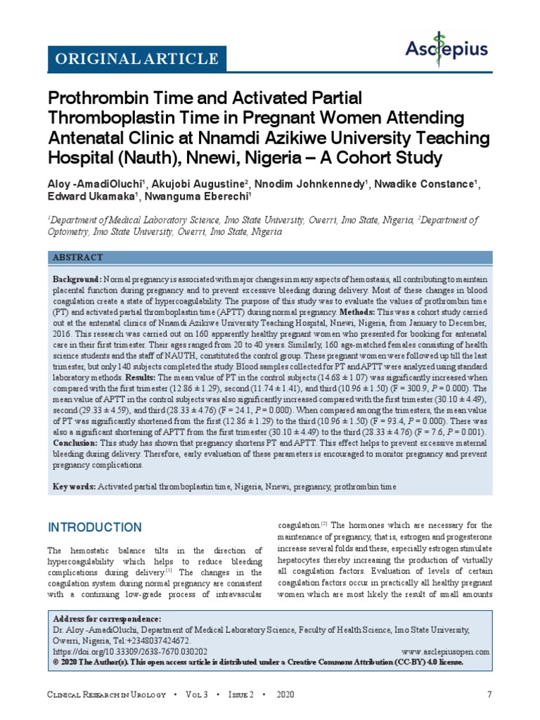 Prothrombin Time and Activated Partial Thromboplastin Time in Pregnant ...