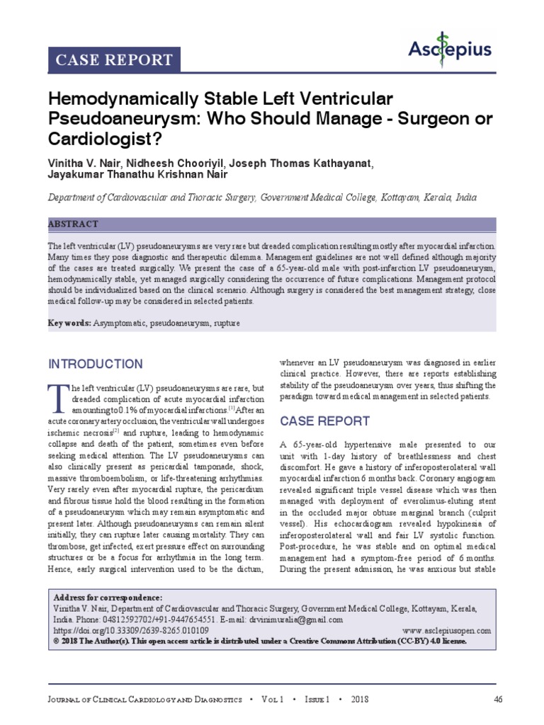 Hemodynamically Stable Left Ventricular Pseudoaneurysm: Who Should ...