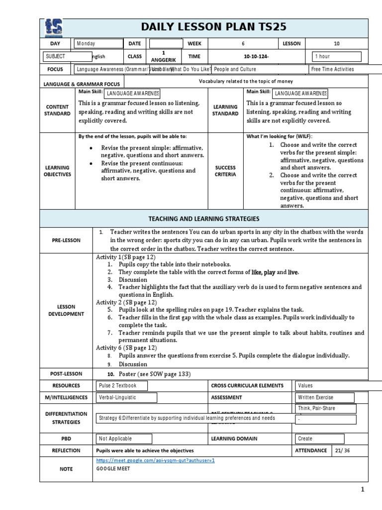 Daily Lesson Plan Ts25: 6 10 English | PDF | Question | Lesson Plan
