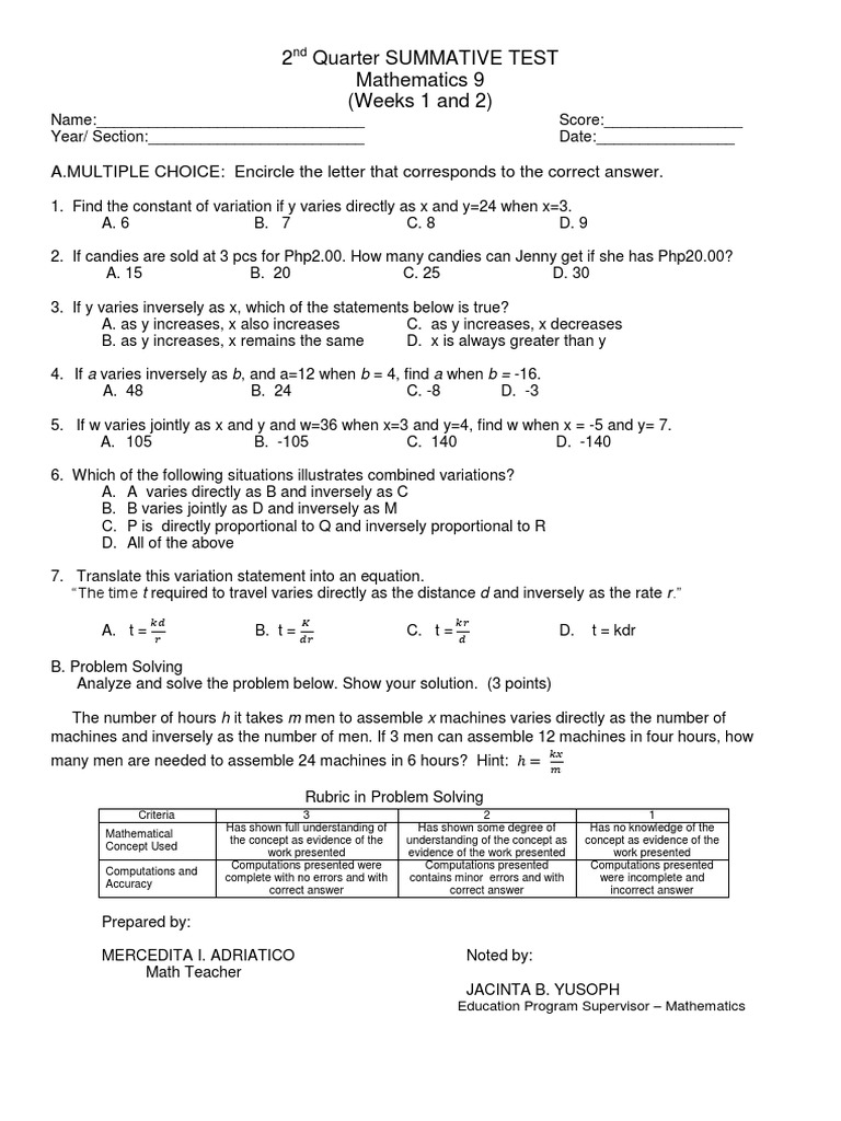 Math 9 Quarterly Summative Test | PDF | Mathematics | Multiple Choice