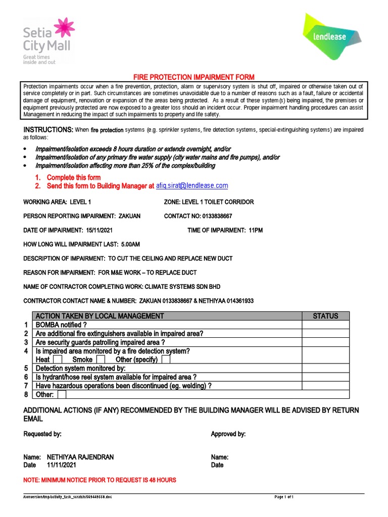 Fire Protection Impairment Form | PDF | Firefighting | Fires