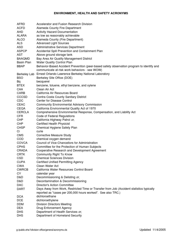 Environment, Health and Safety Acronyms | PDF | American Government ...