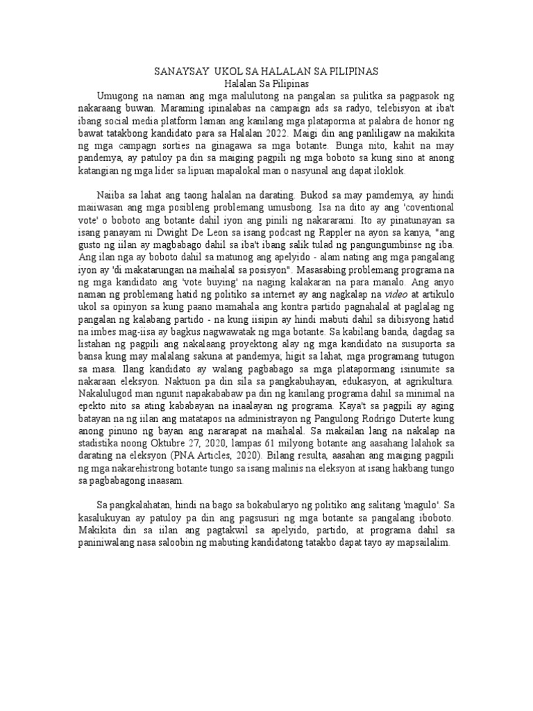 Sanaysay Ukol Sa Halalan Sa Pilipinas | PDF