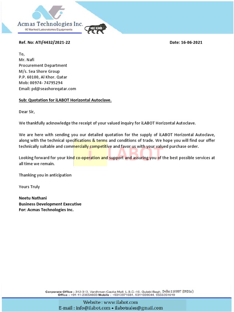 Unpriced Quotation For iLABOT Horizontal Autoclave - Sea Shore Group ...