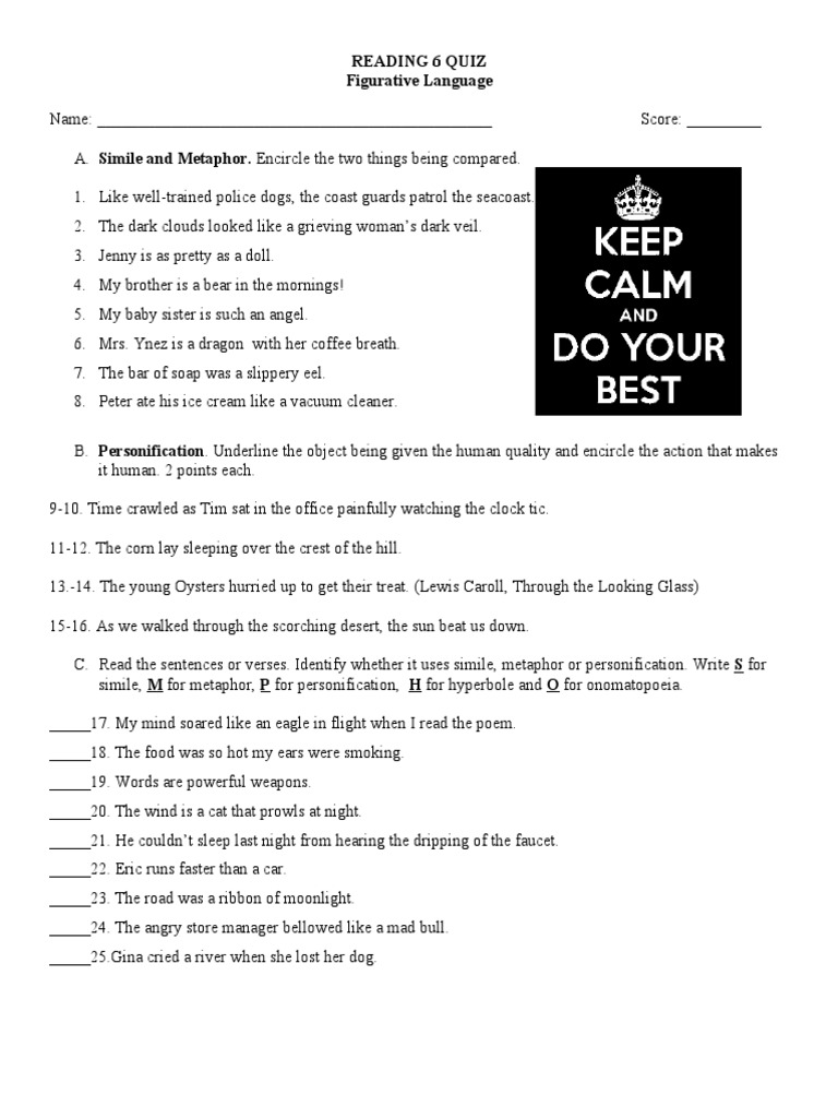 Figurative Language Quiz for Grades 5-6 | PDF