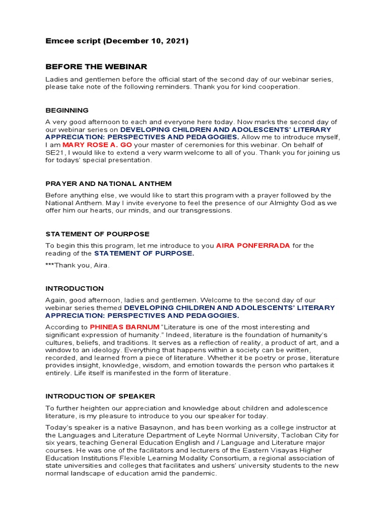 Emcee Script (December 10, 2021) : Beginning | PDF | University ...