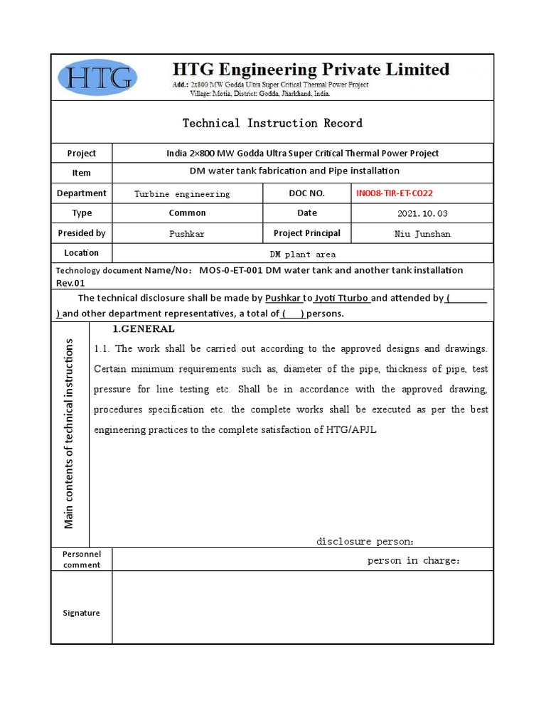 Technical Instruction Record - Format | PDF | Pipe (Fluid Conveyance ...