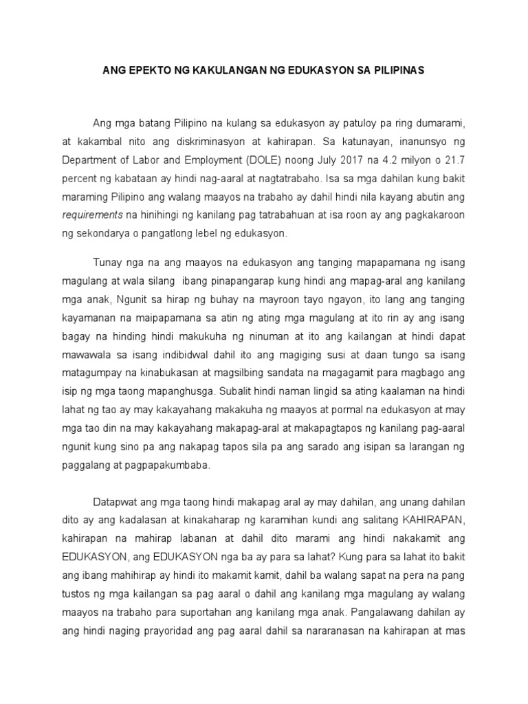 Ang Epekto NG Kakulangan NG Edukasyon Sa Pilipinas | PDF
