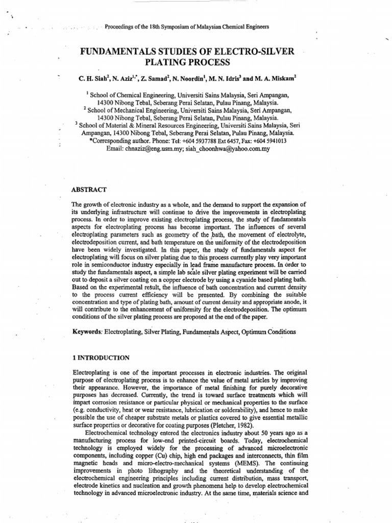 Fundamentals Studies of Electro-Silver Plating Process (PPKKimia ...
