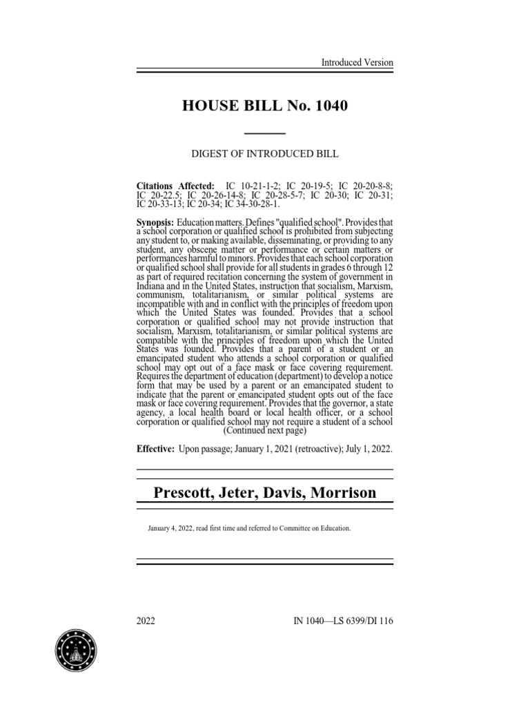 Indiana HB 1040 (2022) | PDF | Complaint | Curriculum