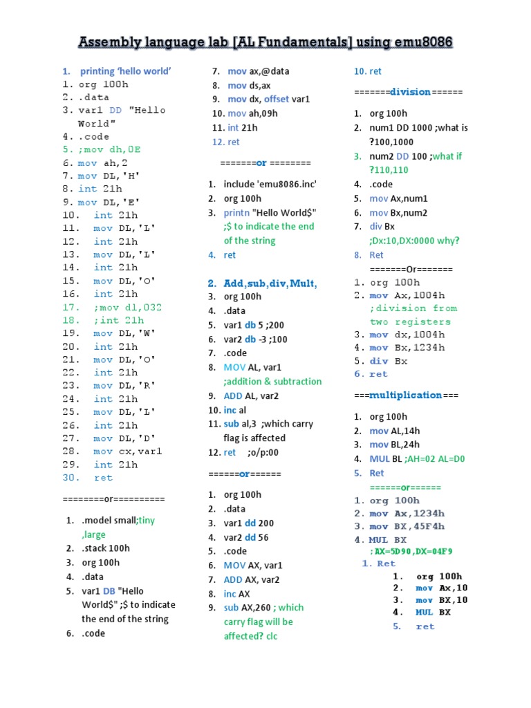 Assembly Language Lab Al Fundamentals Using Emu8086 Dd Mov Int 12 Ret Dd Pdf Computer 