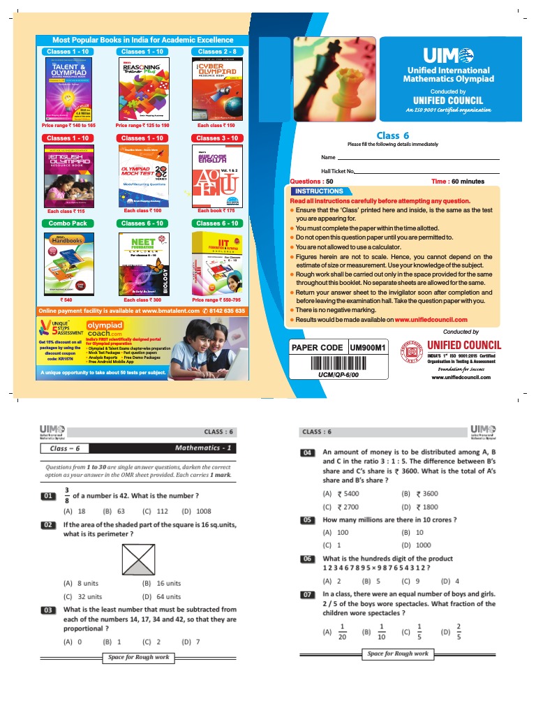 Class 6 UIMO Test Paper Instructions | PDF | Area | Shape
