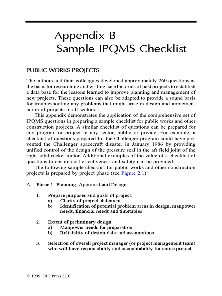 Appendix B Sample IPQMS Checklist: Public Works Projects | PDF ...
