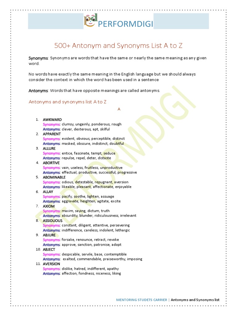 Antonyms and Synonyms List | PDF