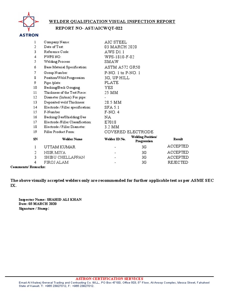 WQT Visual Inspection Report ASTRON-22 | PDF | Construction | Welding