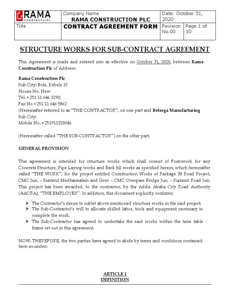 Agreement For Structure Works CMC Betsega | PDF | Employment | Concrete