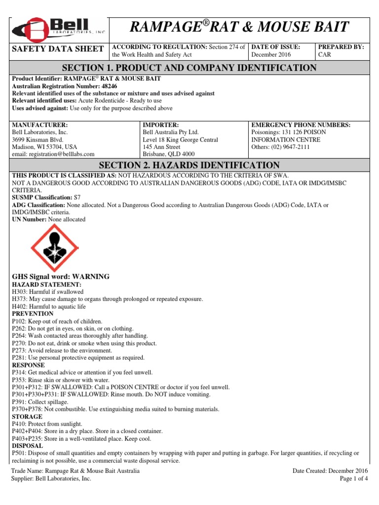 Msds Rodent Bait | PDF | Toxicity | Dangerous Goods