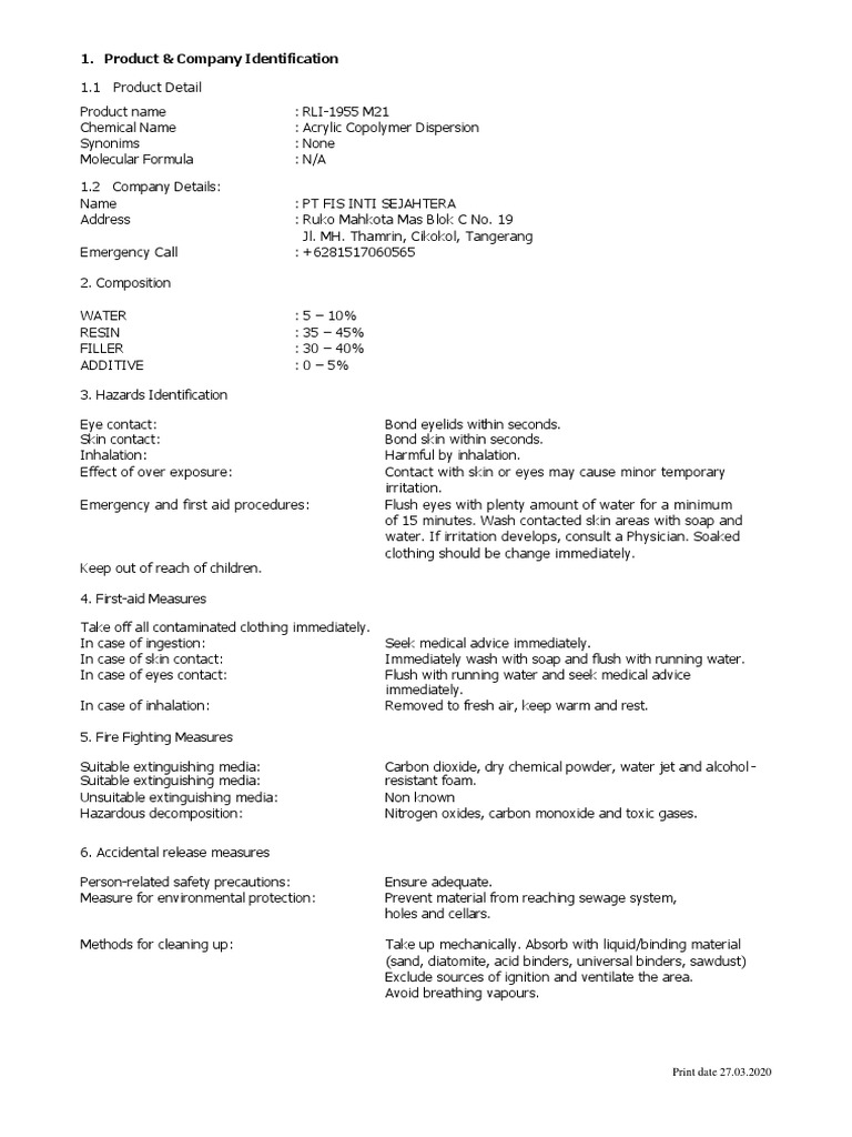 Msds-Adhesive RL-1955 M21 | PDF | Toxicity | Waste Management
