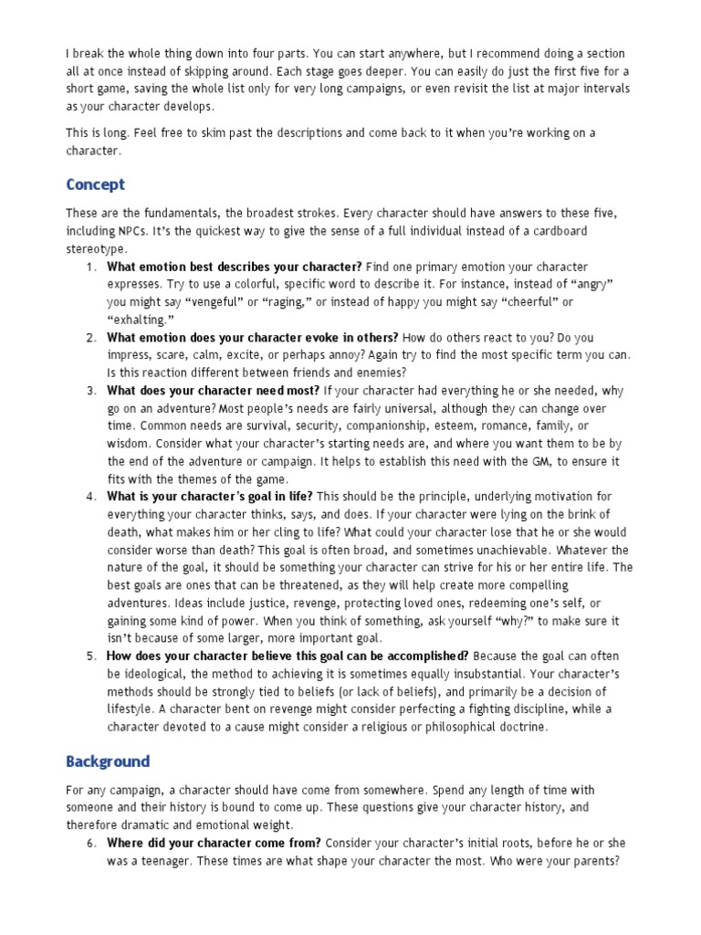 Character Questions | PDF | Emotions | Goal