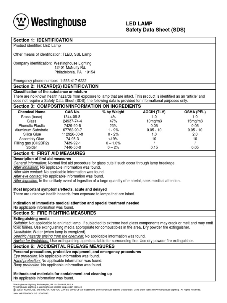 Led Lamp Safety Data Sheet (SDS) : Section 1: Identification | PDF ...