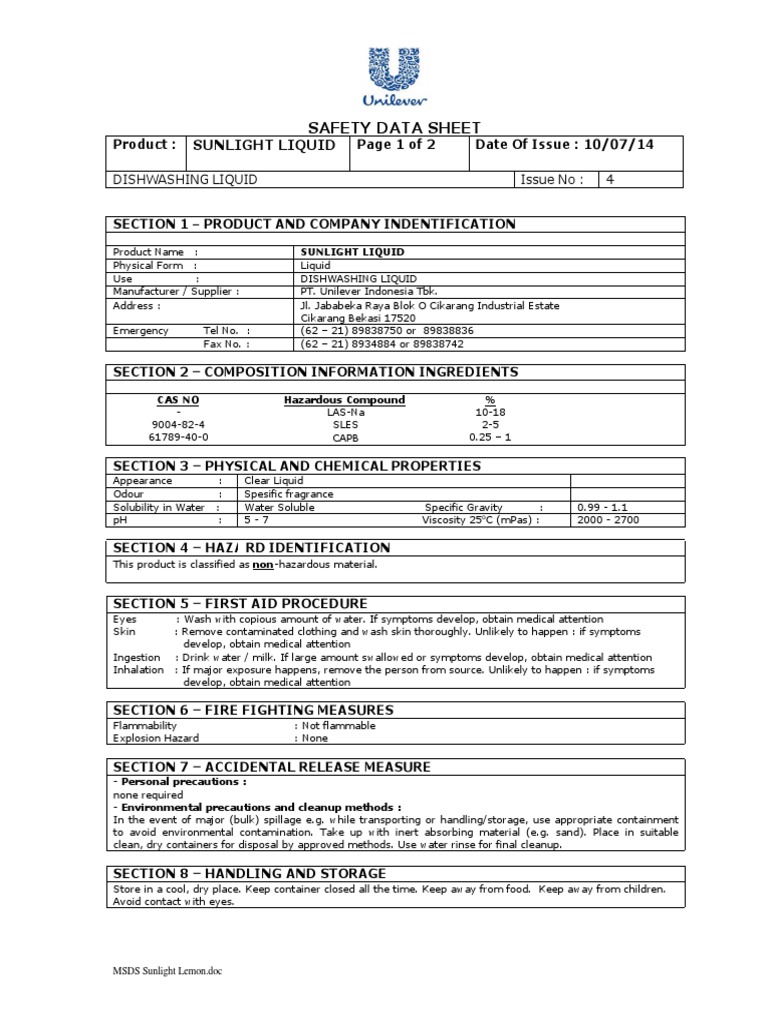 Safety Data Sheet: Sunlight Liquid | PDF | Environmental Science | Safety