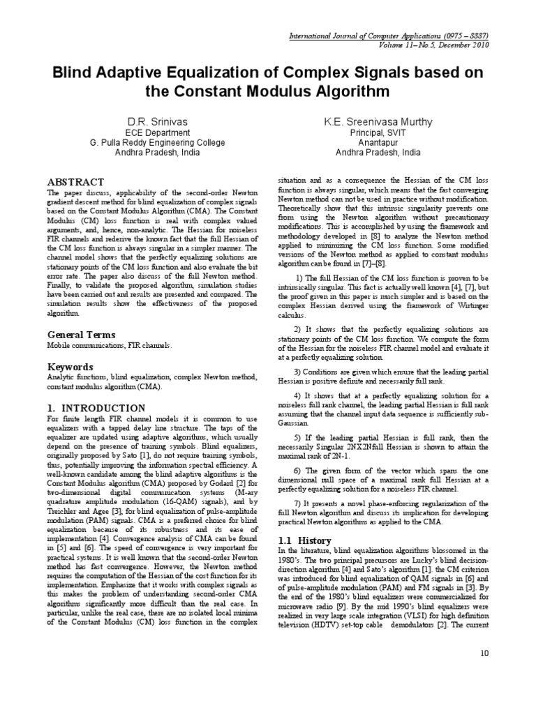 Blind Adaptive Equalization of Complex Signals Based On The Constant Modulus Algorithm | PDF ...